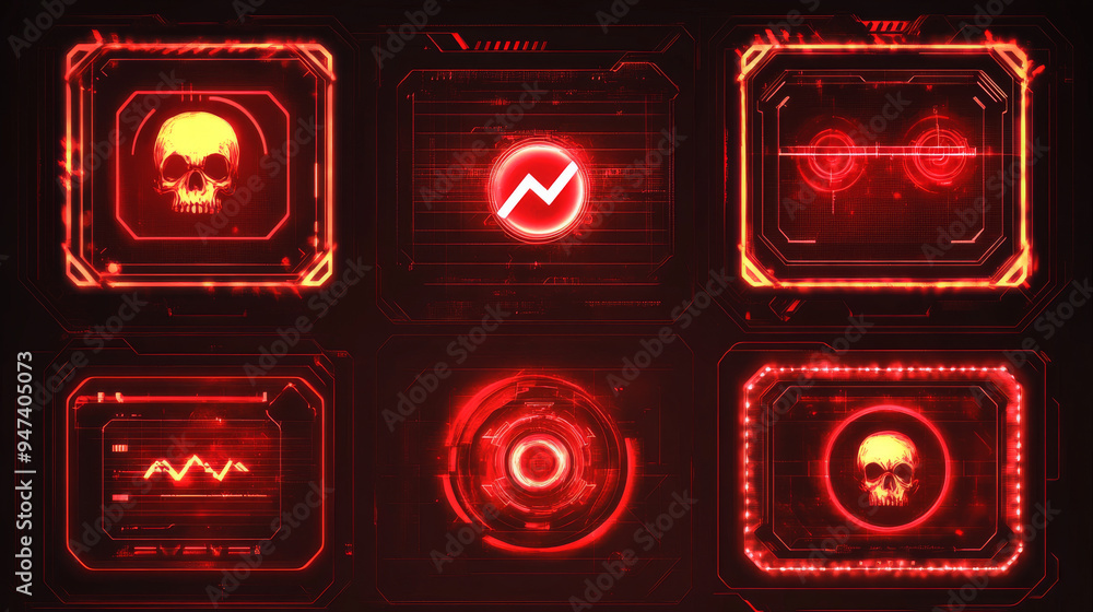 Danger and warning red frames, featuring vector HUD interface caution ...