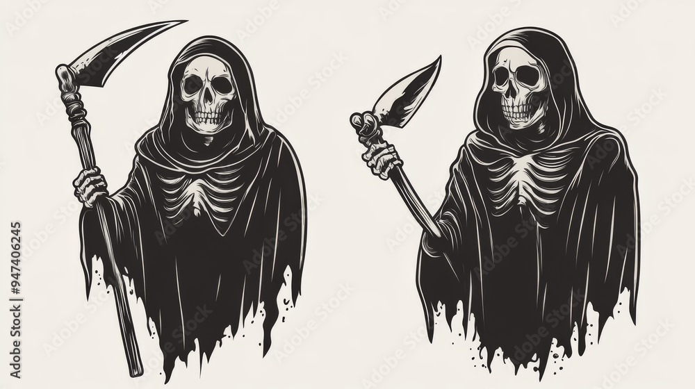 Skeletal death characters, with and without a scythe, suitable for ...