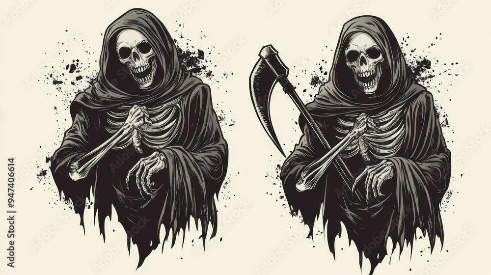 Skeletal death characters, with and without a scythe, suitable for ...