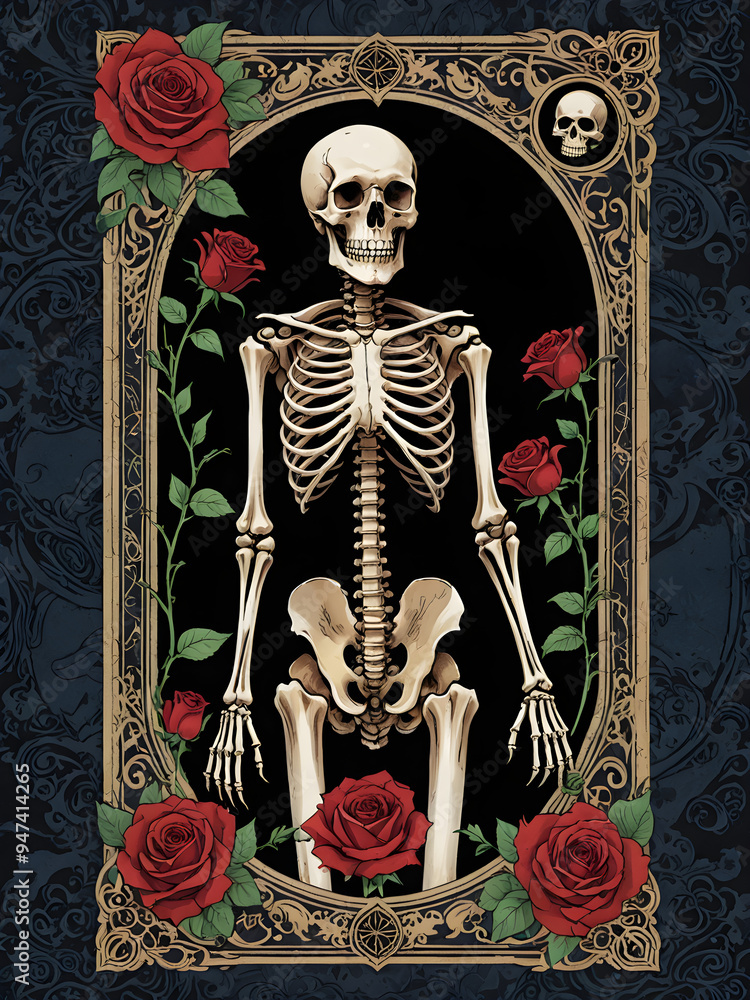 tarot card, a gothic card illustration of skeletons with dark roses and ...