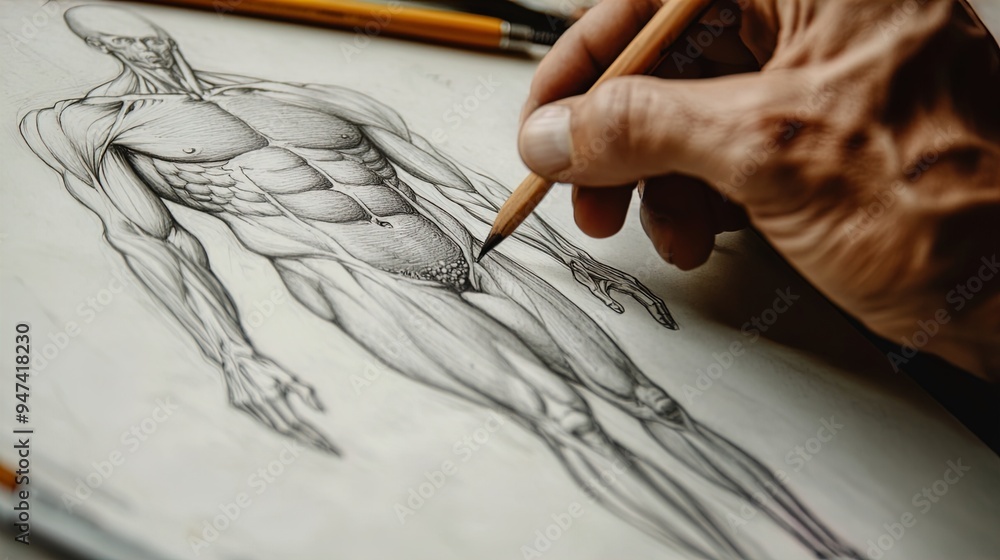 The image shows a detailed anatomical drawing of a human male figure ...