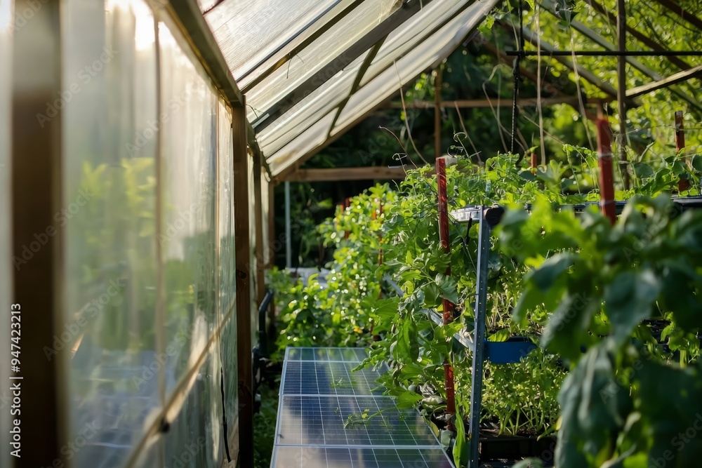 Greenhouse featuring solar panels and a hydroponic system. The plants ...