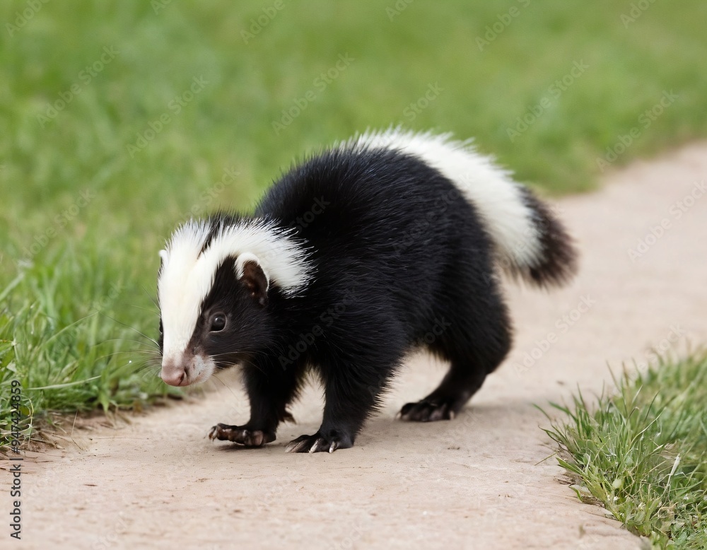 Cute classic black with white stripe young skunk aka Mephitis mephitis ...