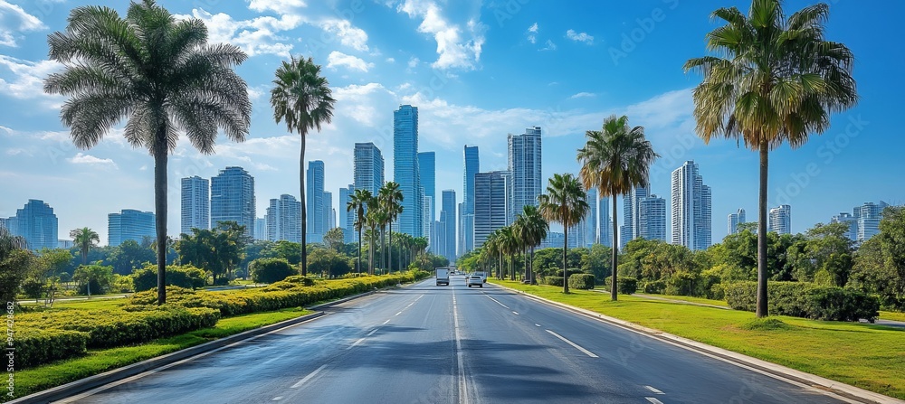 Main city road with palm tree and skyscraper building view. Generative ...