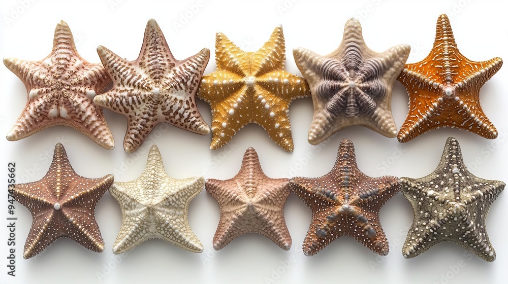 Starfish collection top view, isolated on white, close-up shot, ultra ...