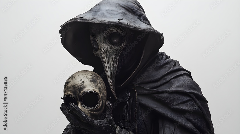 Zombie in plague doctor attire, holding a Halloween mask, grotesque and ...