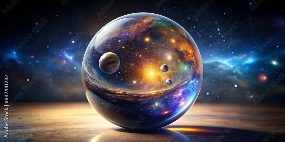 Shiny reflective marble orb with cosmos inside, reflecting sun, stars ...
