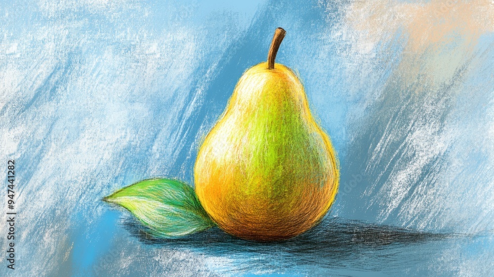 2D cartoon style sketch of a yellow and green pear created using oil ...