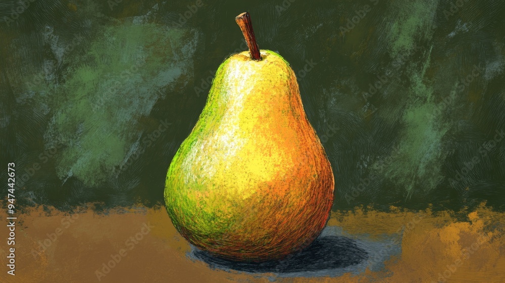 2D cartoon style sketch of a yellow and green pear created using oil ...