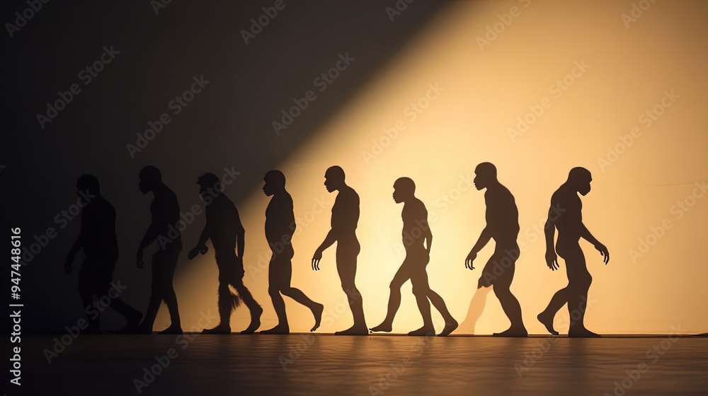 Silhouettes depict the evolution of human beings, starting from an ape ...