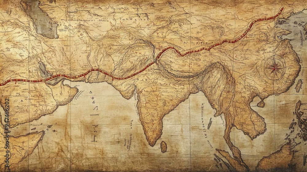 An antique map displays the historical Silk Road, marked by a red route ...