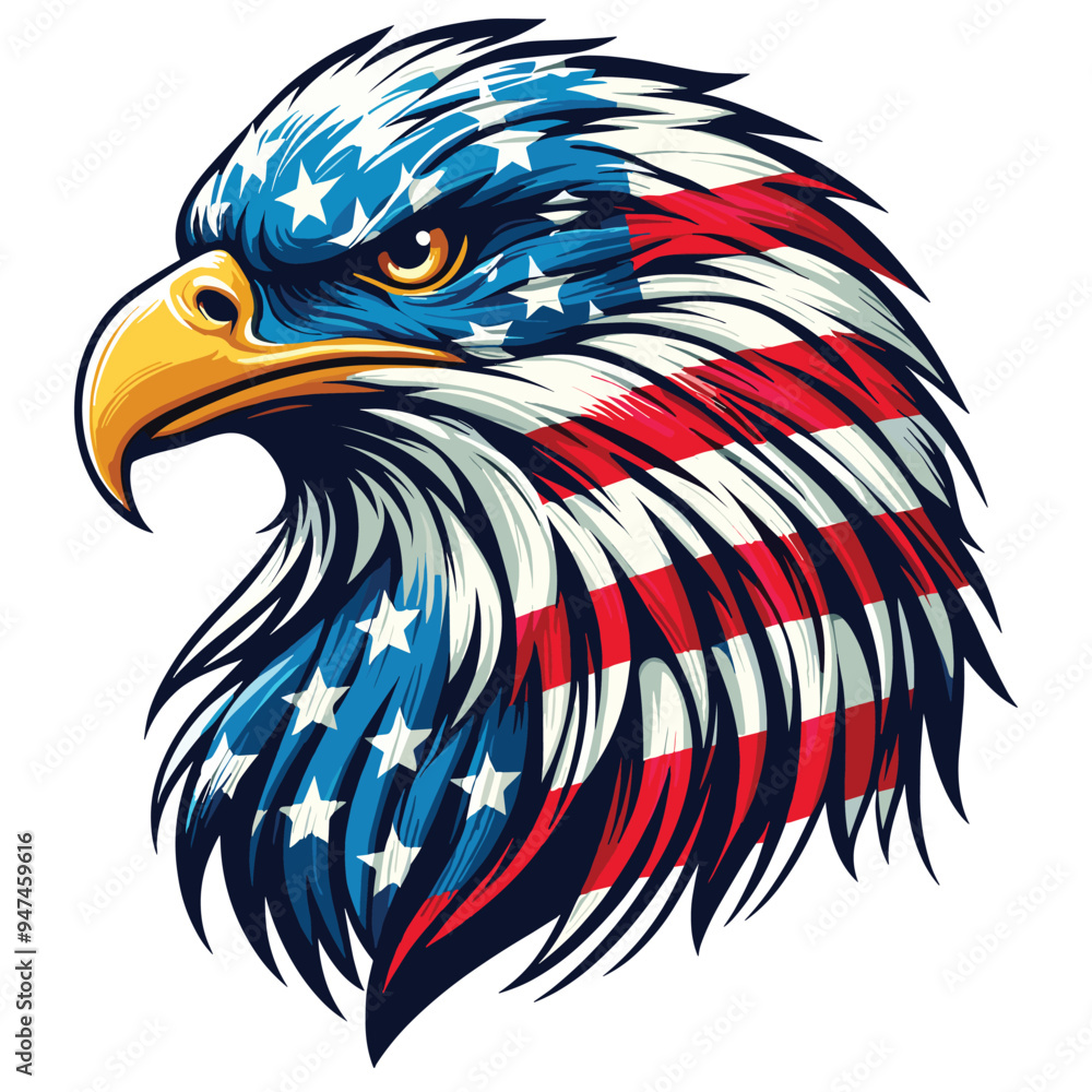Fierce eagle with American flag illustration, vector art, symbol of patriotism and freedom ...