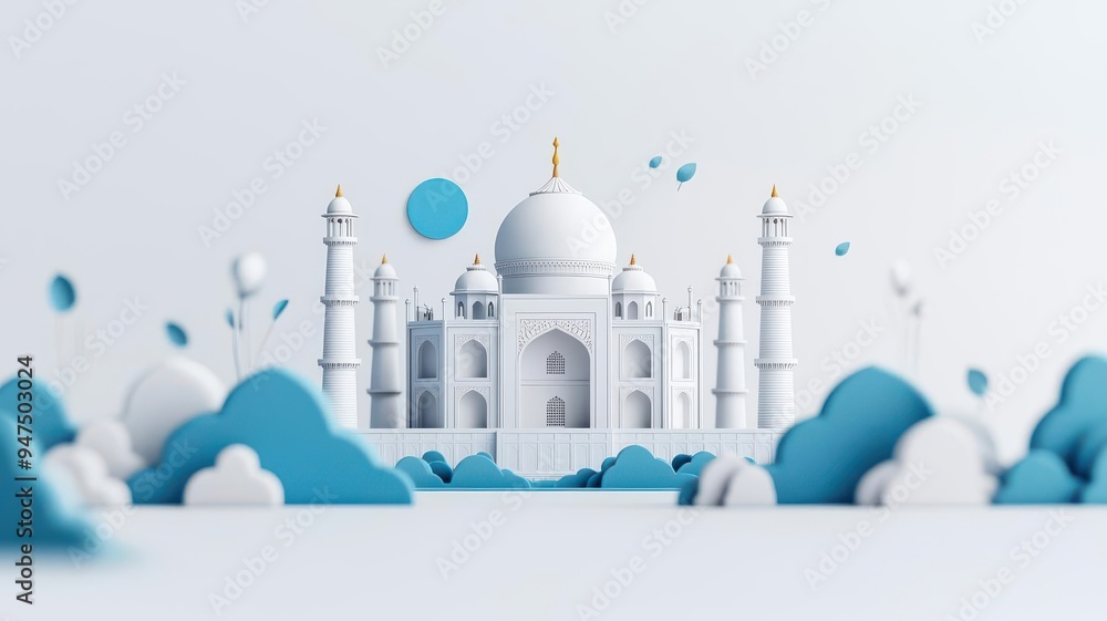Stylized depiction of the Taj Mahal with a blue sun, iconic structure ...