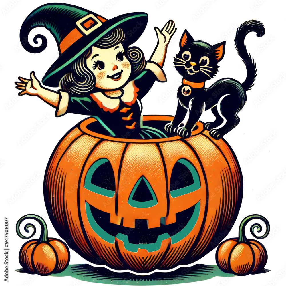 Witch popping out of a giant pumpkin with a black cat. Vintage ...