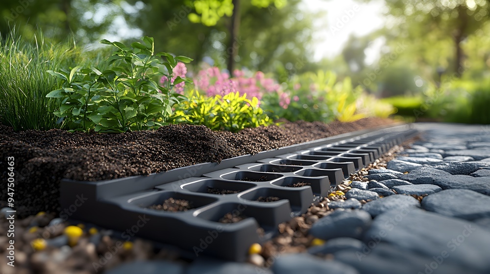 3D-rendered cross-section of a garden path installation, showing layers ...