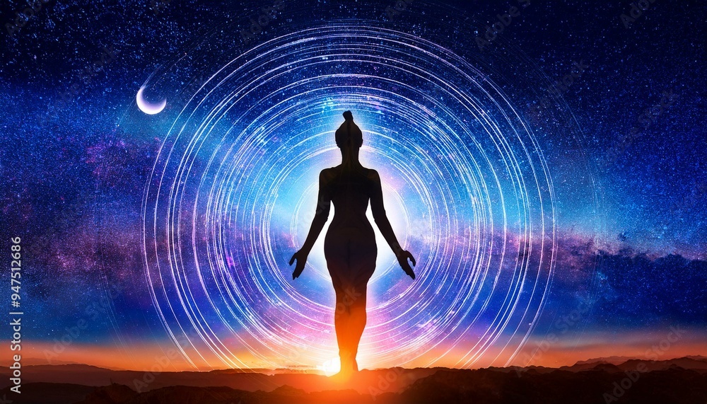 silhouette of a person meditating, universe meta human goddess spirit ...