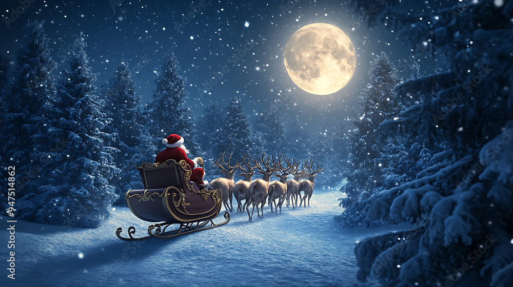 Santa Claus riding a sleigh pulled by reindeer through a snowy forest ...