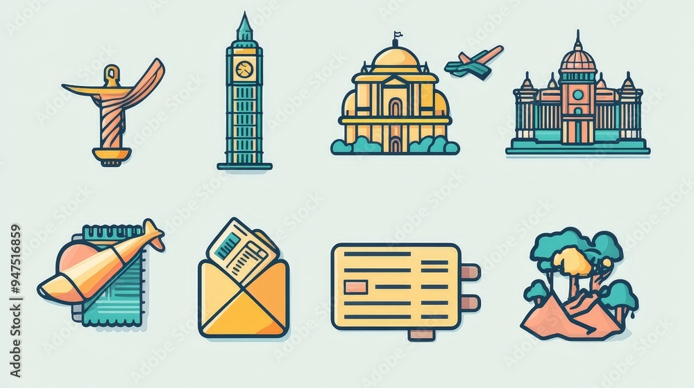 series of travel icons, featuring symbols for landmarks, maps, and ...