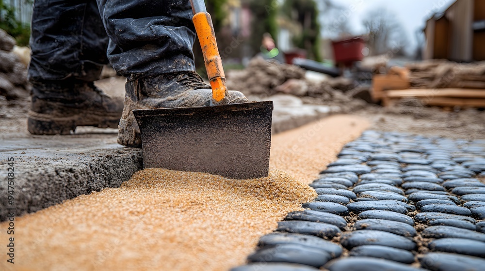 Side view of a construction worker spreading a coarse sand layer over a ...