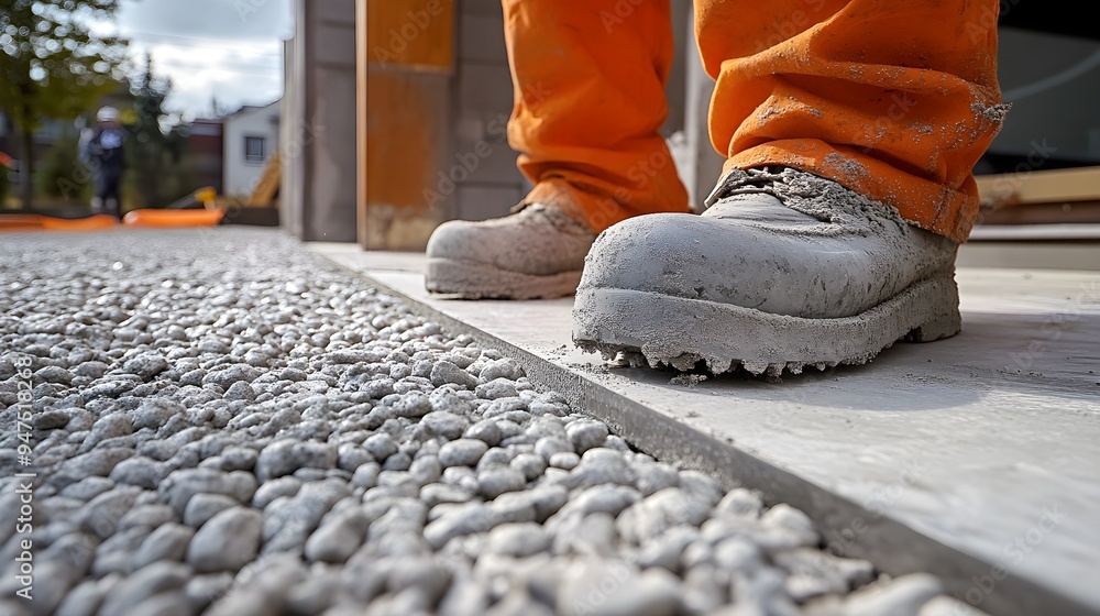 Side view of a construction worker spreading a coarse sand layer over a ...
