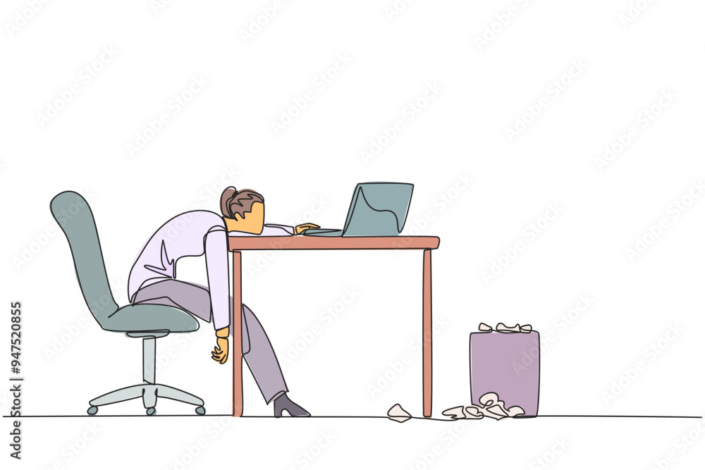 Continuous One Line Drawing Businesswoman Sitting In A Work Chair