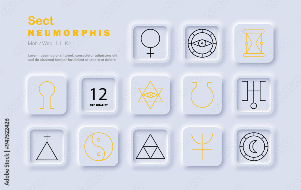 Sect set icon. Eye, cross, hourglass, pyramid, yin yang, star of David ...