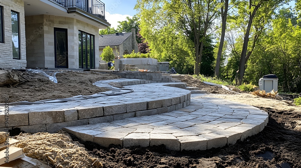 Landscape construction project with focus on the installation of base ...