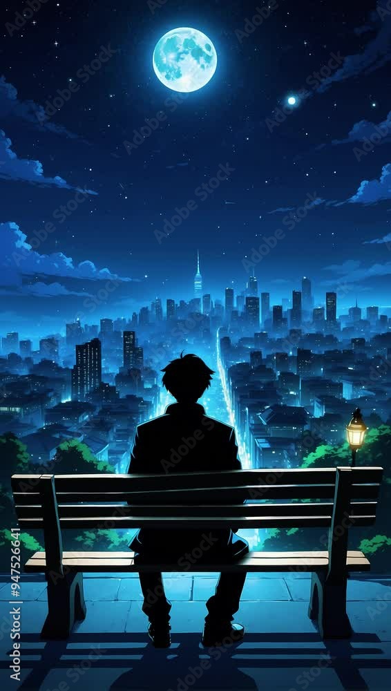 Seamless Lofi Loop Animation Man Under Full Moon Overlooking Night City ...