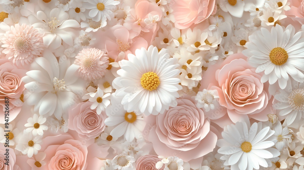 Soft 3D floral background featuring a mix of rose and daisy textures ...