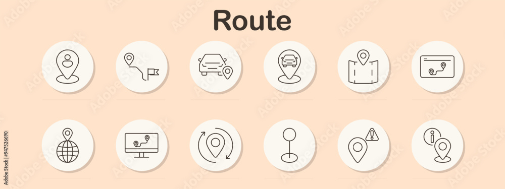 Route icon set. Different route symbols including map pins, navigation ...