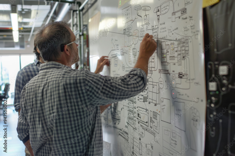engineering team working on a whiteboard, diagrams of a software ...