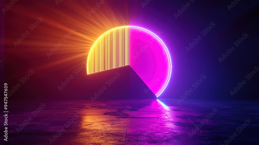elegant Retro-style stage lighting, bold pie chart, bright gold neon ...