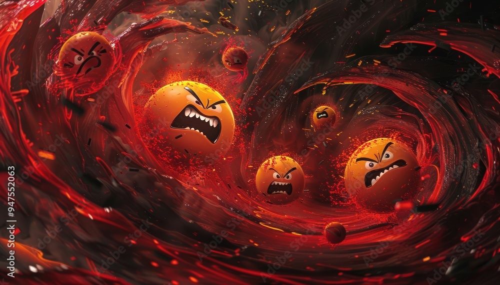 Whirlwind of angry emojis amidst swirling red and black textures ...