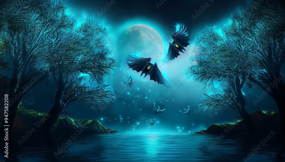 scene with diver and shark, bat on a black, bat animals are flying ...