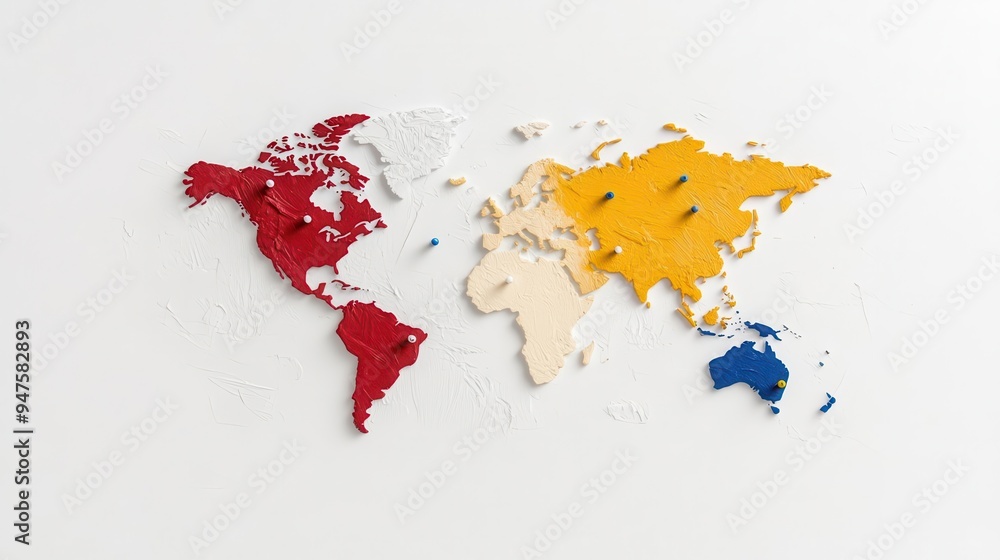 Colorful world map made of various materials, showcasing continents in ...