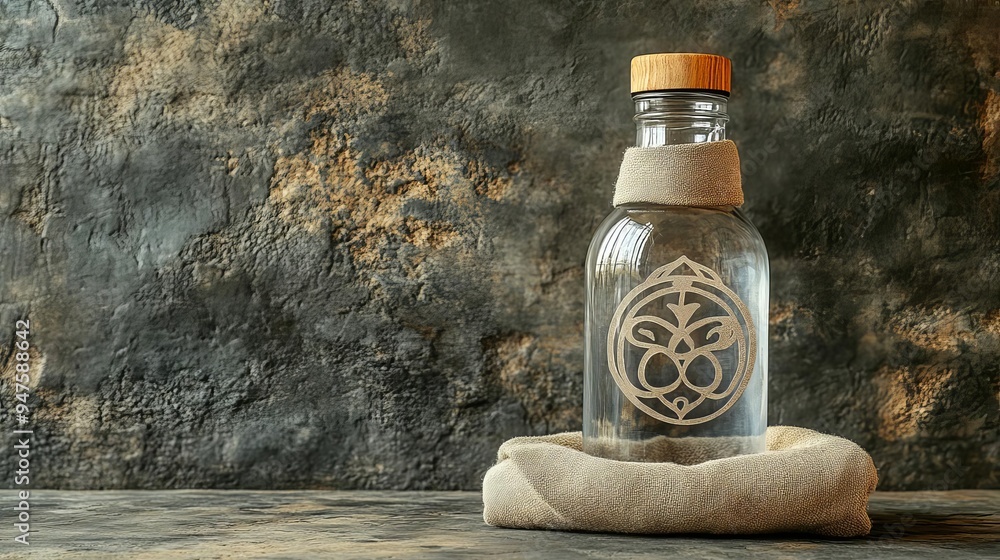 Elegant glass water bottle with subtle yoga symbols on a soft fabric ...