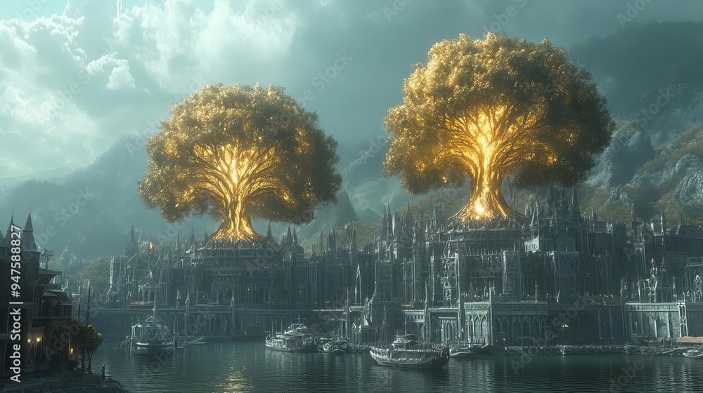 Epic scene of the two trees of Valinor, one golden and one silvery ...