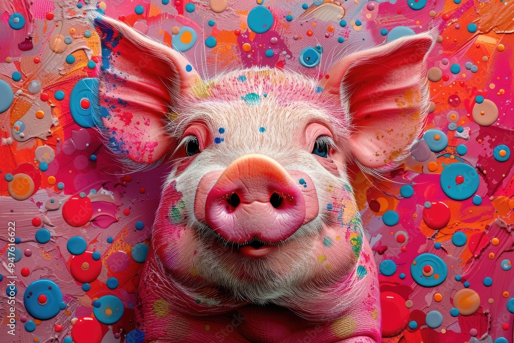 Joyful pig using a brush to paint a canvas, creating a colorful dot art ...