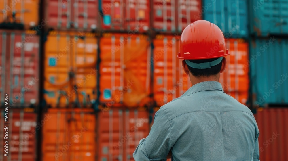Engineer in Hardhat Examining Cargo Manifest at Busy Shipping Terminal with Stacked Cargo ...