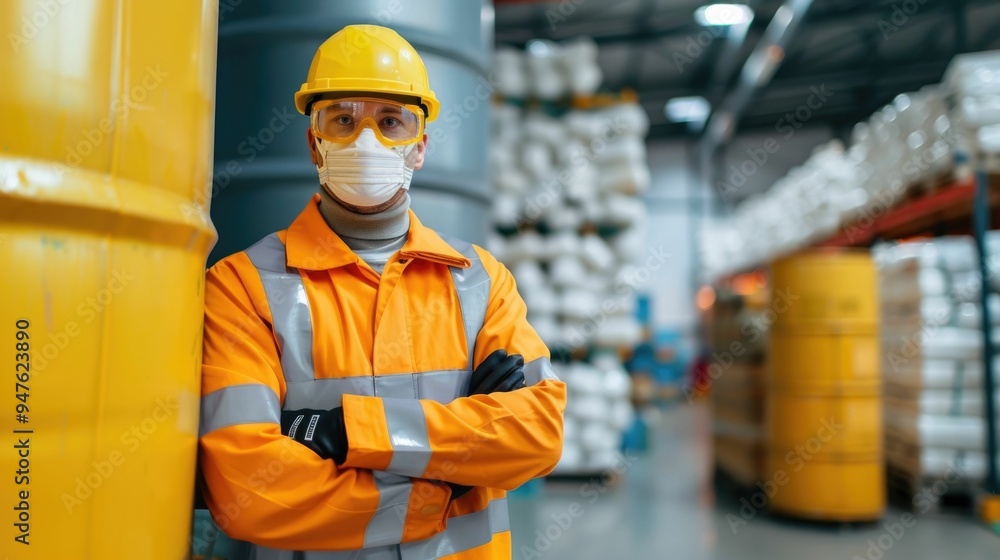 Portrait of a warehouse worker in protective uniform mask and helmet ...