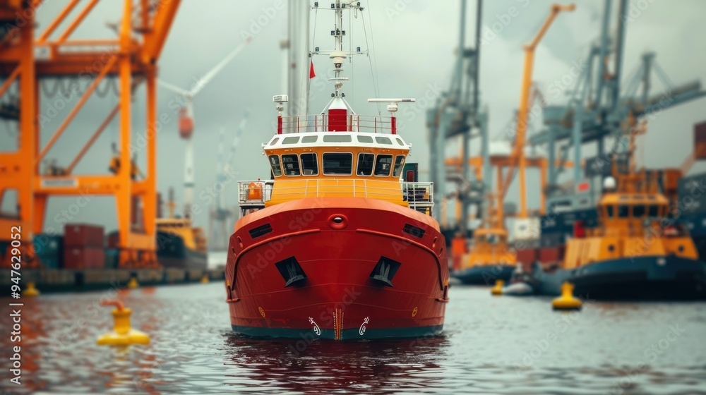 Busy seaport scene with large orange tugboat and industrial cranes ...