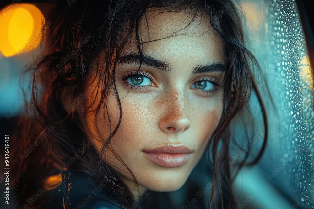 intimate portrait of brunette woman in car soft natural light illuminating features thoughtful ...