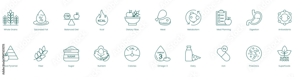 Comprehensive Nutrition Vector Icons: Whole Grain, Saturated Fats ...