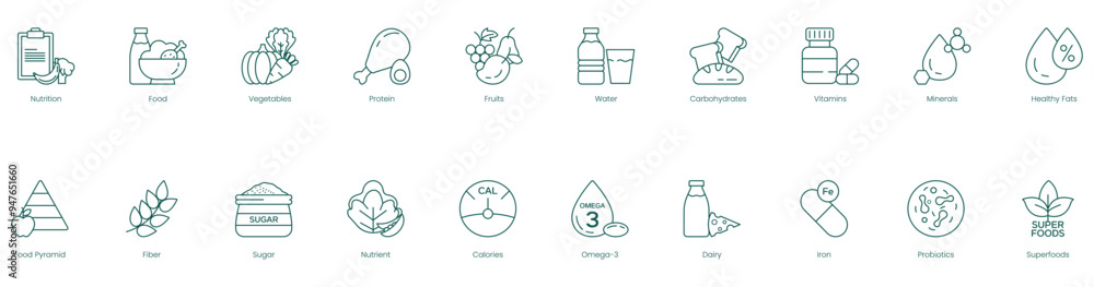 Complete Nutrition and Wellness Icons: Nutrition, Food, Vegetables ...