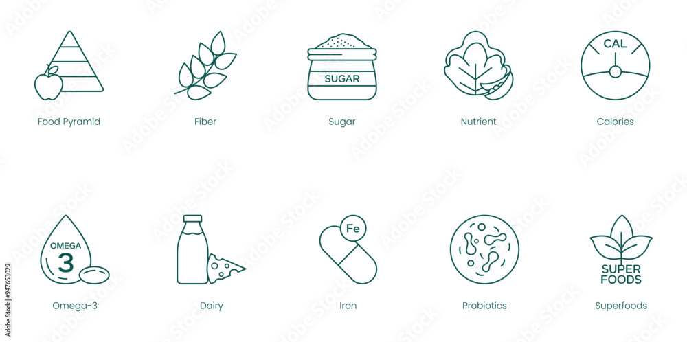 Comprehensive Nutrition Vector Icons: Food Pyramid, Fiber, Sugar ...