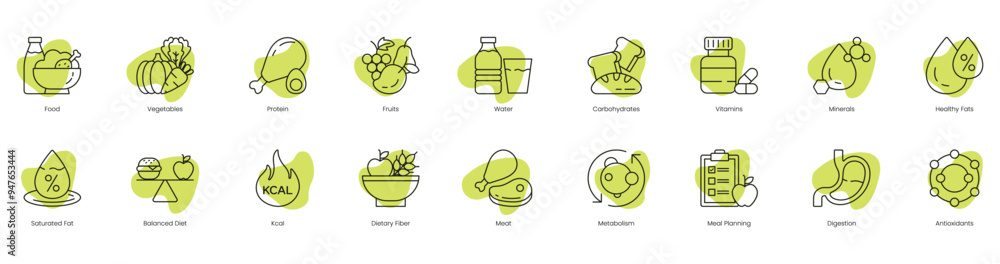 Comprehensive Nutrition Icons: Food, Vegetables, Protein, Fruits, Water ...