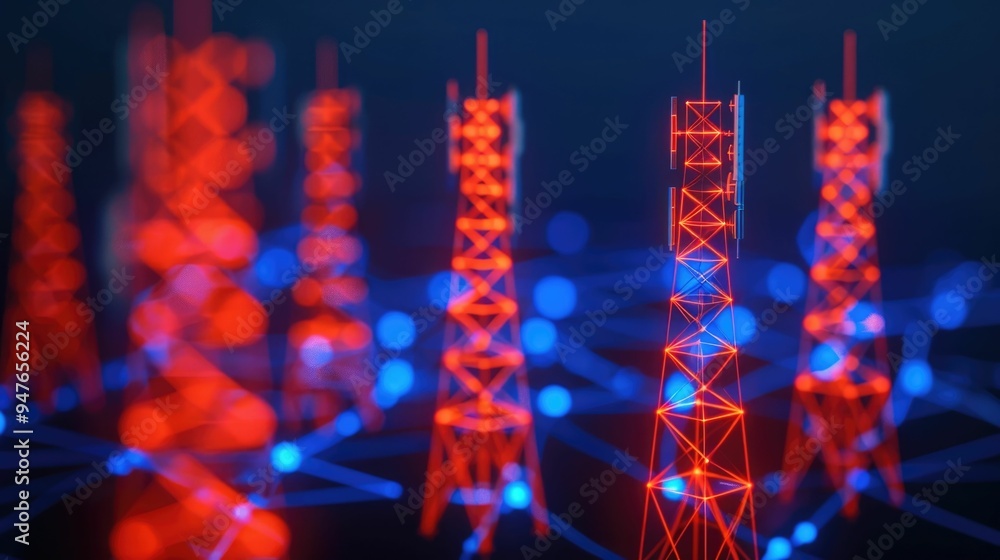 Glowing 5G network towers with advanced technology and deep depth of ...