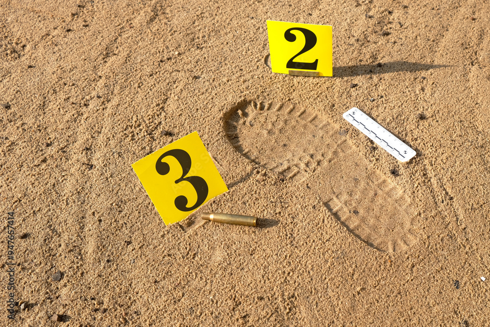 Shoe print in sand, firearm shell casing with scale ruler and number ...