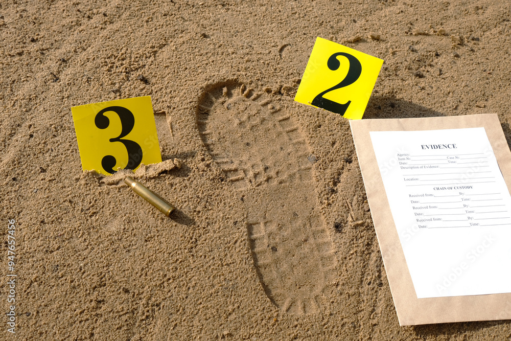 Shoe print in sand, firearm shell casing with number plate, paper ...