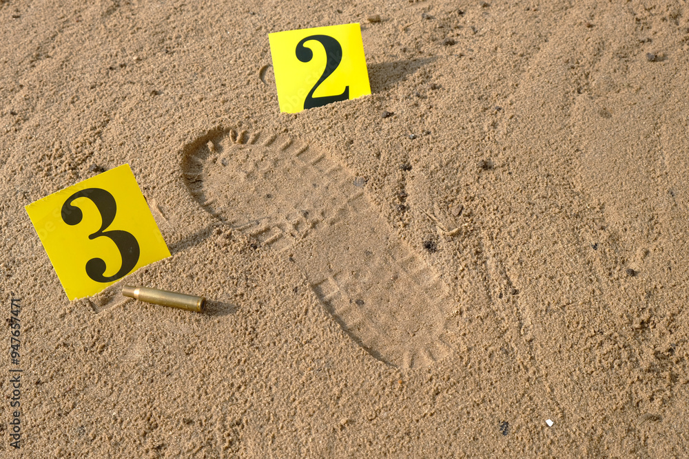 Shoe print in sand, firearm shell casing with number plate, evidence ...